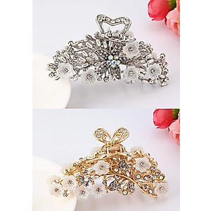 ShungFun Women Elegant Jaw Clips Fashion Hollow Carving Flower Pattern Hair Claw Clips w/ Rhinestones for Women Girls Hair Styling Accessories (Leaf-gold)