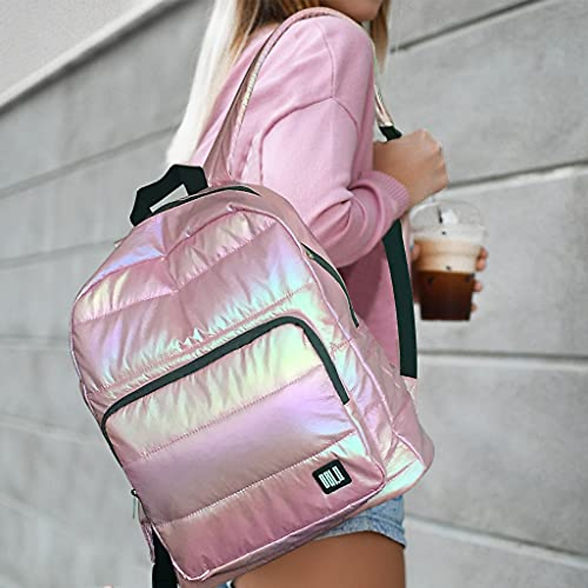 GBLQ PLUS Iridescent Backpack 15 Inch, Super Lightweight Ultra Soft Nylon Shiny Fabric Quilted Casual Daypack Pink