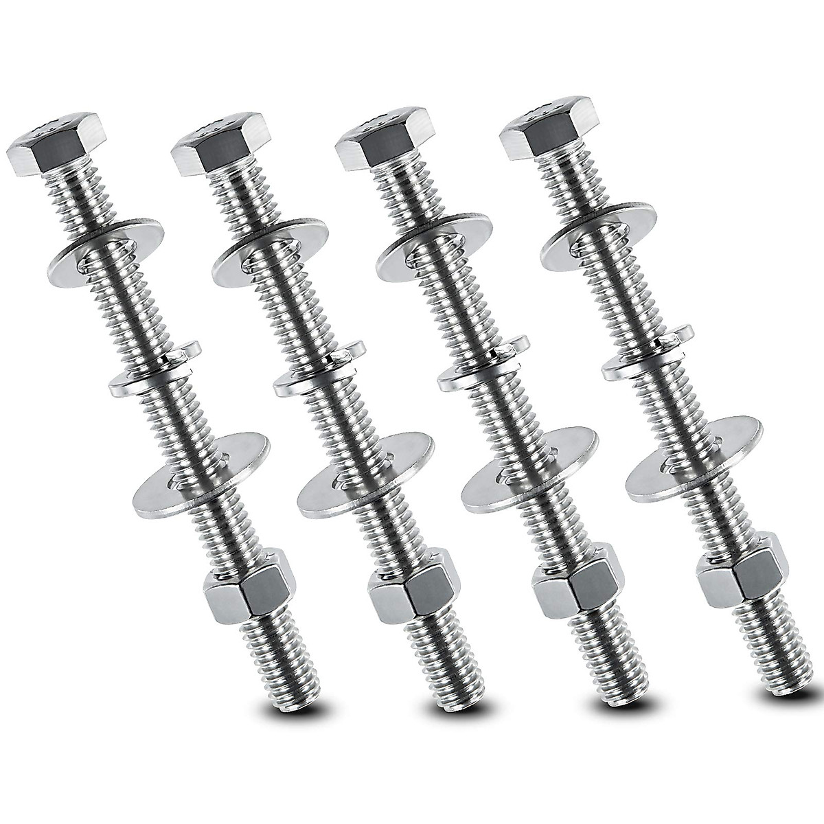 3/8-16x4 Stainless Steel Hex Head Screws Bolts, Nuts, Flat & Lock Washers Kits, 304 Stainless Steel 18-8,Fully Threaded,4 Sets
