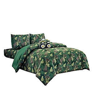 WPM Kids Collection Bedding 4 Piece Boys Army Green Twin Size Comforter Set with Sheet Pillow sham and Military Truck Toy Desert Camouflage Uniform Design (Camouflage Military, Twin Comforter)
