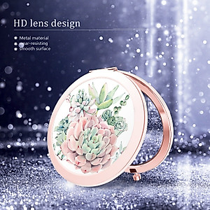 Rounded Compact Mirror, Customized Round Foldable Metal Makeup Mirror, 1x&2x Magnification Mini Mirror for Travel Purse Gift - Rose Gold Cactus