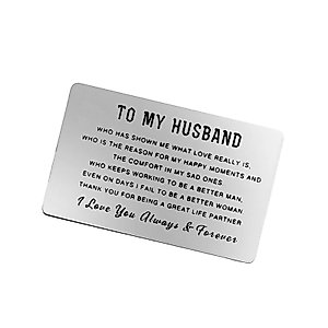 Husband Gift Ideas Metal Wallet Card Inserts for Husband from Wife Unique Mini Love Note for Men Anniversary Birthday Wedding Deployment Gifts for Him, I Love You Gift for Husband