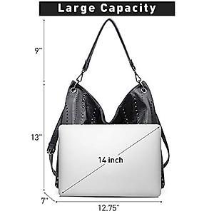 Ladies Large Hobo Shoulder Bag Bucket Handbag Purse for Women with Studs Vegan Leather Black