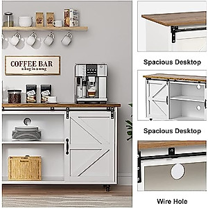 Farmhouse Coffee Bar Cabinet with Storage, 58’’ Kitchen Sideboard Buffet Storage Cabinet with Sliding Barn Door, White Cabinet with Adjustable Shelves, Buffet Table for Living Dining Room