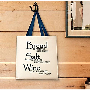 Bread Salt Wine Housewarming Gift For Women Wonderful Life Quote Bread Salt Wine Navy Handle Canvas Tote Bag