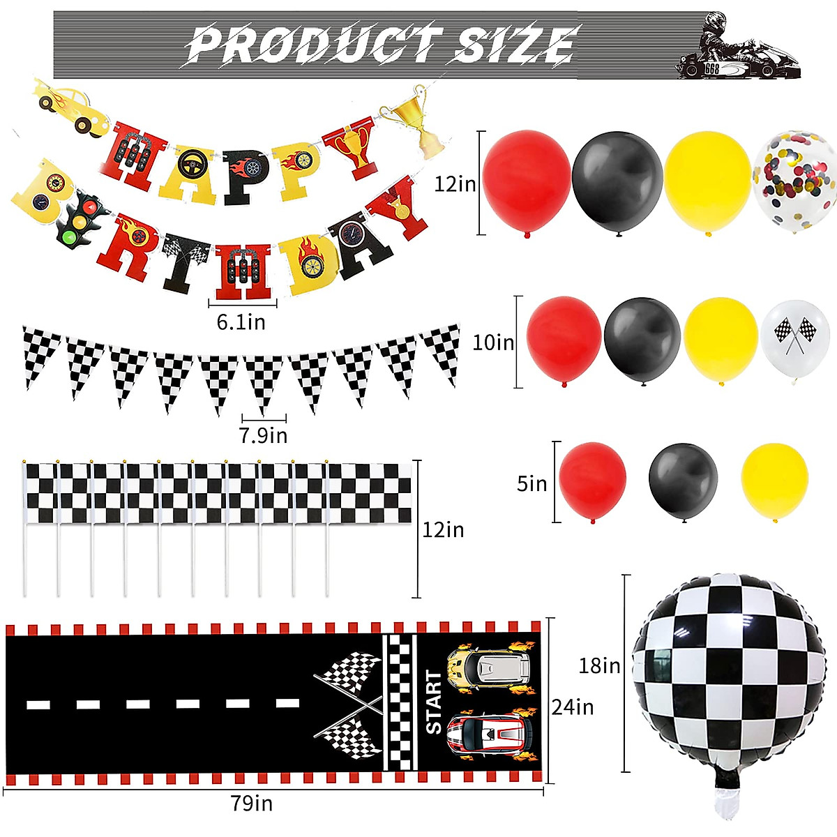 124 Pcs Race Car Birthday Party Supplies, Race Car Balloon Garland Kit with Racetrack Checked Flags HAPPY BIRTHDAY Banner Black and White Pennant Banner for Race Car Party Decorations