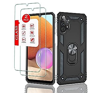 Anvzle for Samsung Galaxy A32 4G [Not Fit A32 5G] Case with [2 Pack] Tempered Glass Screen Protector, Galaxy A32 4G Heavy Duty Armor [Military-Grade] Protective, with Magnetic Ring Stand Cover (Black)