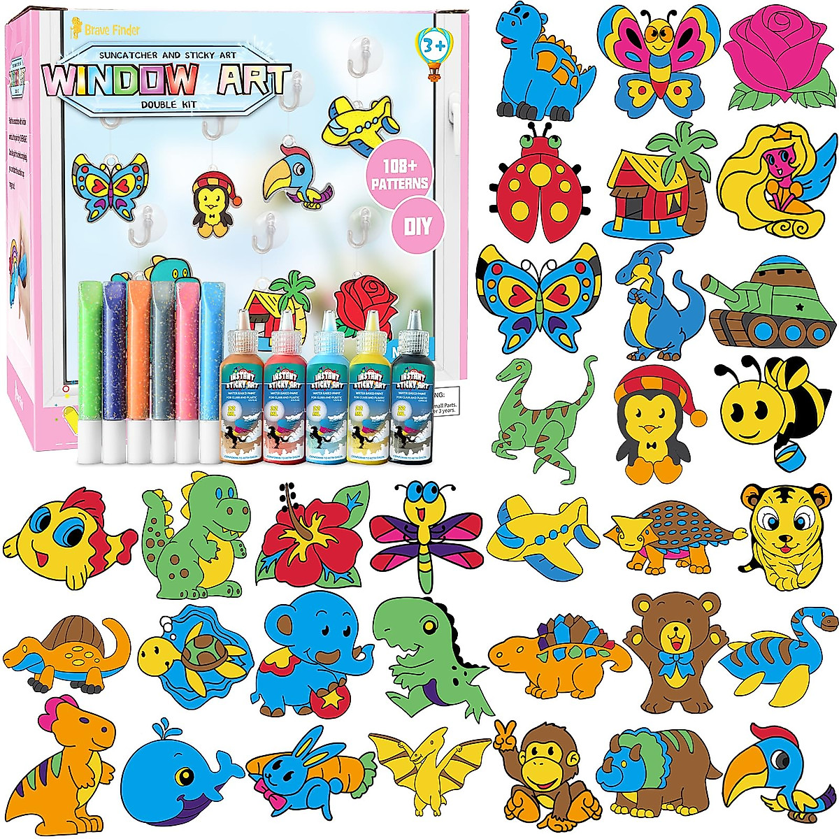 CAPKIT 36Pcs Suncatcher Kits for Kids, Window Art Kids Crafts, 11 Paints for Creative DIY, Arts and Crafts Gift for Kids Children 4-8