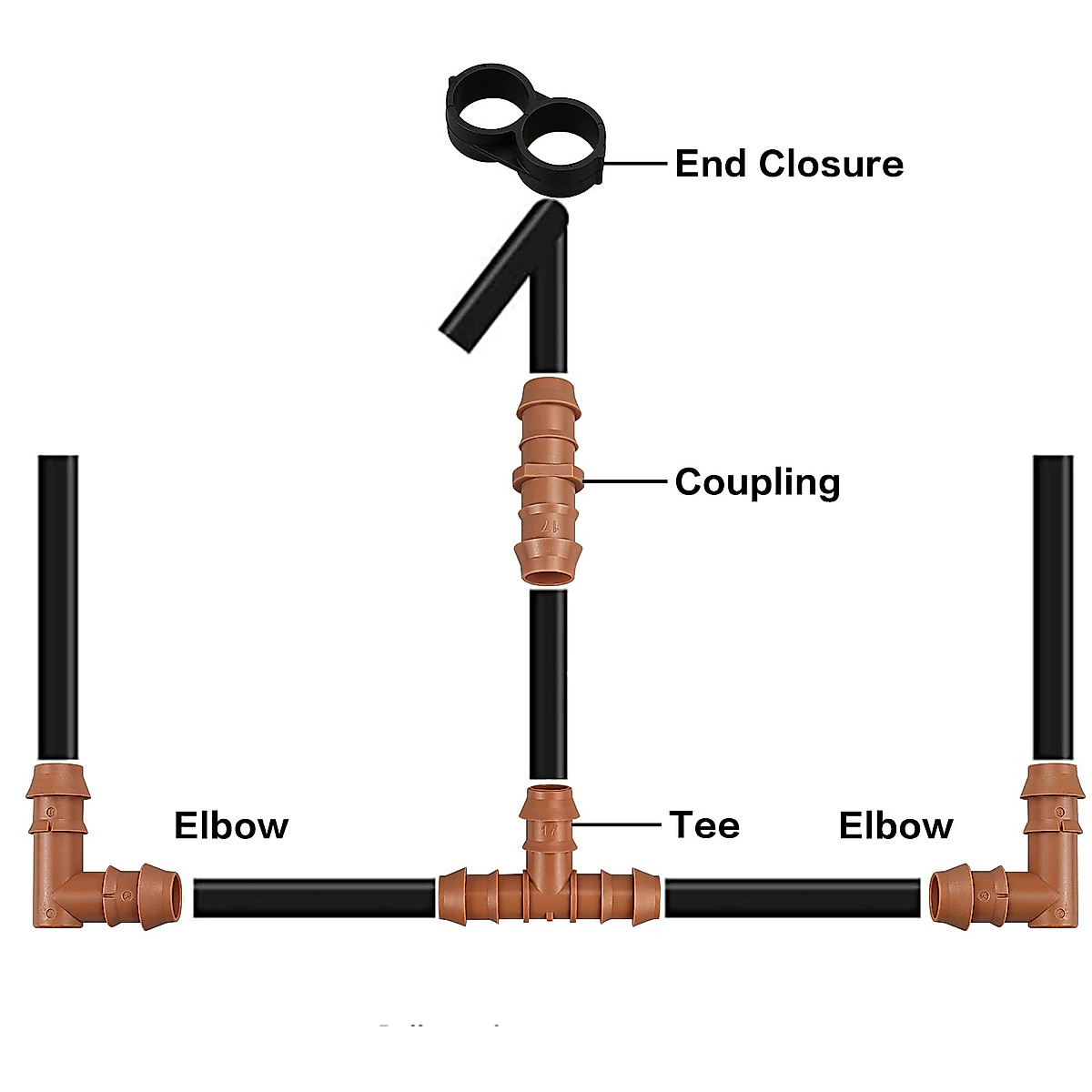 JOYPRO Drip Irrigation Fittings Kit for 1/2 inch Tube (0.600”ID), 24 Pieces Drip Irrigation Parts Set - 6 Tees, 6 Couplings, 6 Elbows, 6 End Caps, Drip Line Connectors for Drip Sprinkler Hose