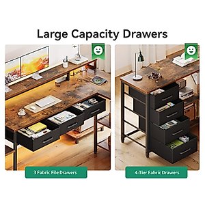 AODK 79" L Shaped Desk with 7 File Drawers, L Shaped Computer Desk with 2 Power Outlets & Monitor Shelf, Home Office Desk with Storage Shelves, Reversible Gaming Desk with LED Light, Vintage