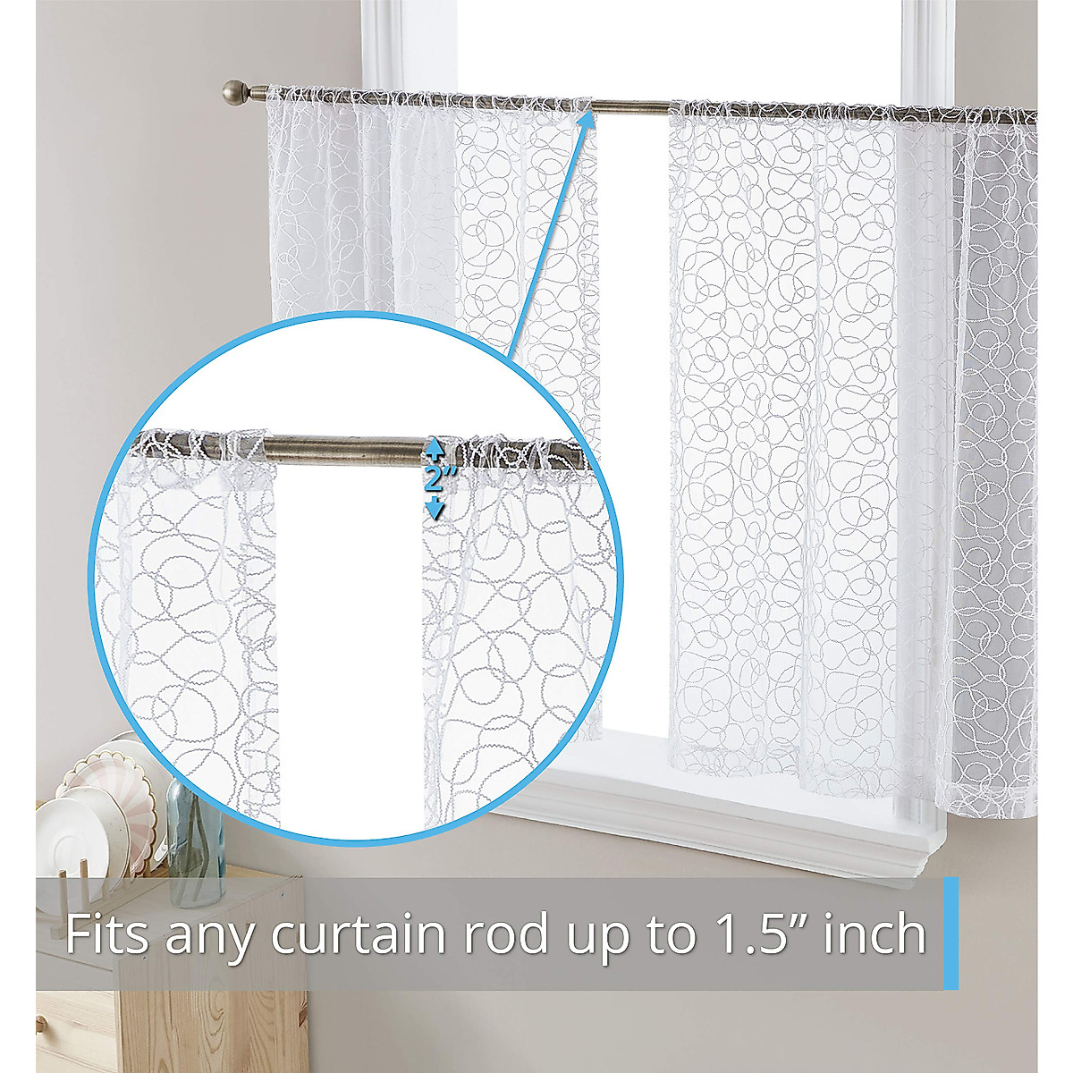 HLC.ME Audrey Embroidered Sheer Voile Window Curtain Short Rod Pocket Tiers for Kitchen, Bedroom, Small Windows and Bathroom (30 x 24 inch Long, White)