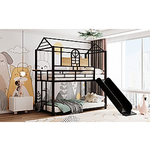 Tidyard Twin Over Twin Metal Bunk Bed,Metal Housebed with Slide,Three Colors Available.(Black with Black Slide) for Bedroom Dorm Guest Room Home Furniture