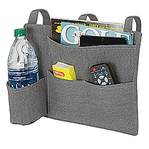 mDesign Cotton Canvas Bedside Hanging Storage Organizer Caddy for Dorm, Bedroom Bed Frame - 4 Pockets, 3 Loops - Holds Phone, Remote Control, Magazines, Bottle Drinks - Crane Collection -Charcoal Gray