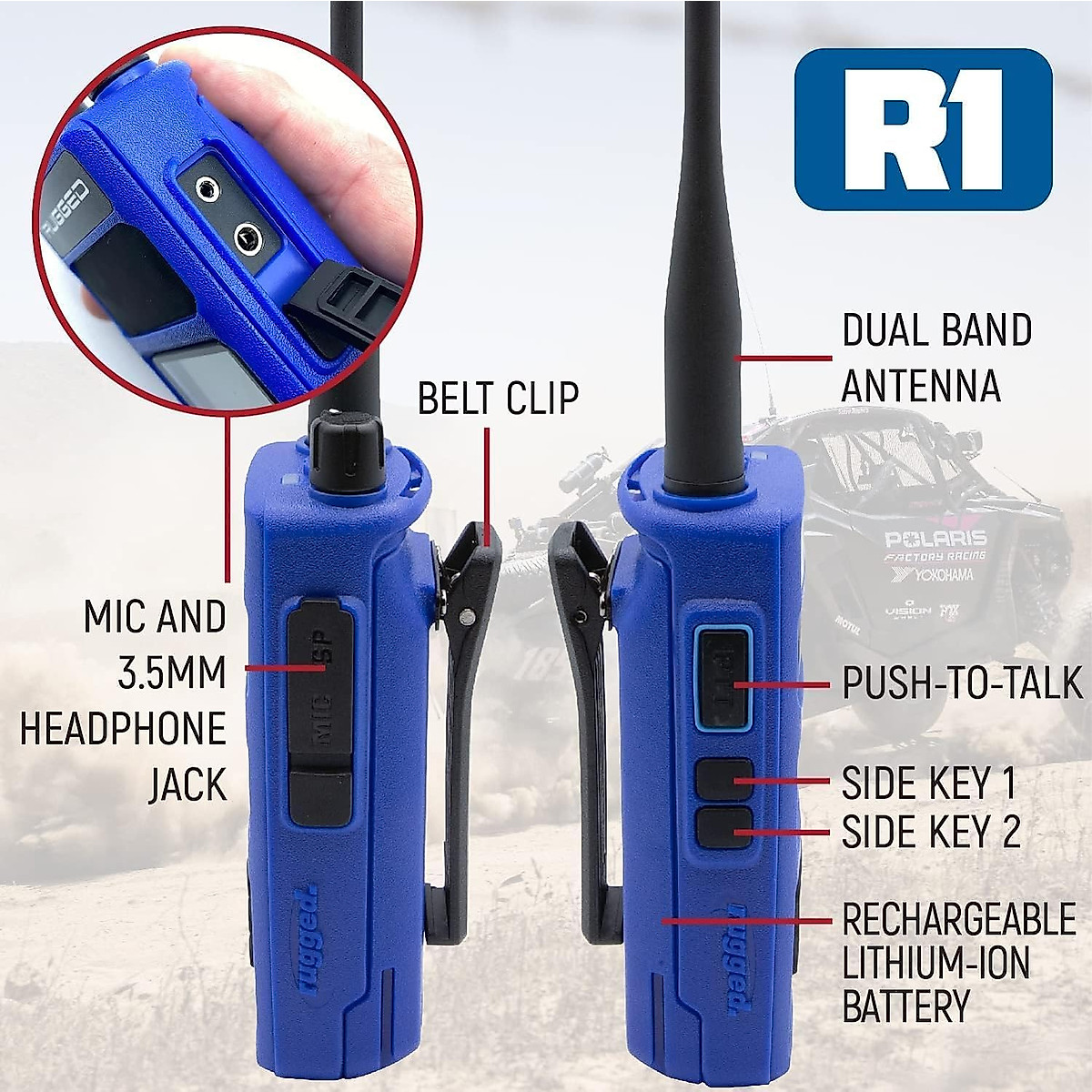Rugged Two Way Handheld Radio Walkie Talkie for Business Schools Churches Construction - Features Long Range Dual Band VHF UHF and Rechargeable Battery (R1)