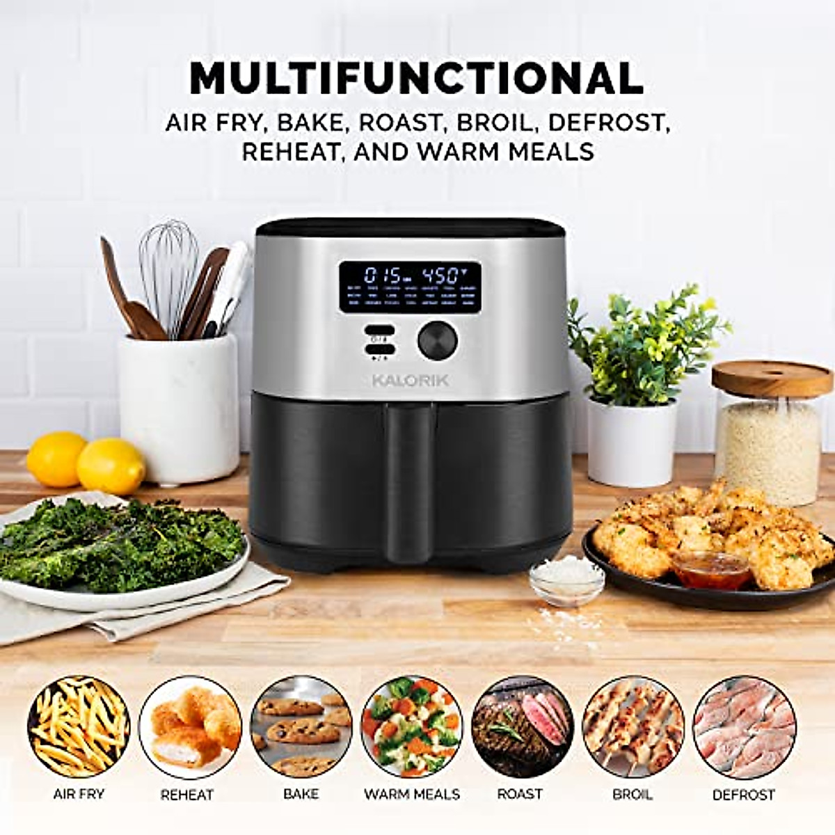 Kalorik MAXX® 7 Quart Air Fryer 1750W, 7-in-1 Air fry, Bake, Roast, Broil, Defrost, Reheat, and Warm food, LED Display, 21 Presets, 4 Accessories, Recipe book, FT 50930 OW