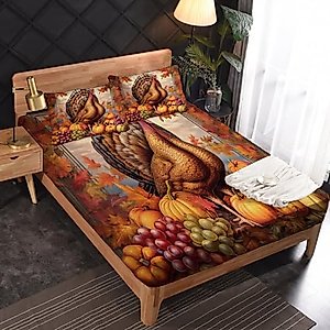 Full Size Sheet Sets - Thanksgiving Bed Sheets, Turkey Pumpkin Grape Bedding Sheets & Pillowcases, Soft Microfiber & Deep Pocket & Wrinkle Free Sheet Set, 1 Fitted Sheet, 1 Flat Sheet, 2 Pillow Cases