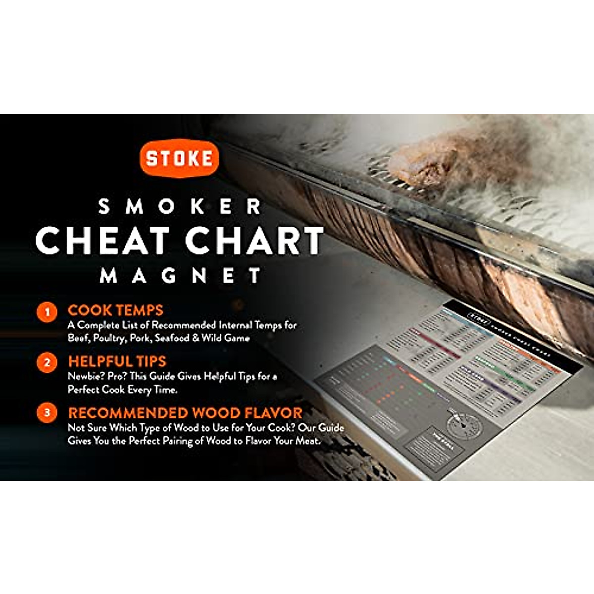 STOKE™ Meat Smoker Cheat Chart Magnet: Beef, Chicken, Turkey, Seafood, Wild Game | Barbecue Smoking Time & Target Temperature | BBQ & Wood Flavor Guide | Best Internal Temp Guide | LARGE 7”x8.5” Refrigerator Chart