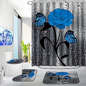 Poedist 4 Pcs Bathroom Shower Curtain Set,Blue Rose Shower Curtain Valentine's Day Shower Curtain Sets with Rugs(Bath Mat,U Shape and Toilet Lid Cover Mat) and 12 Hooks