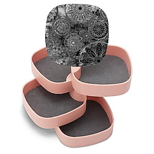 Islam, Arabic, Indian, Ottoman Motifs Tribal Mandala Floral Flower Women Jewelry Box with Mirror, 360 Degree Rotating 4-layer Tray with Lid, Storage Bag Case for Rings, Necklaces, Bracelets