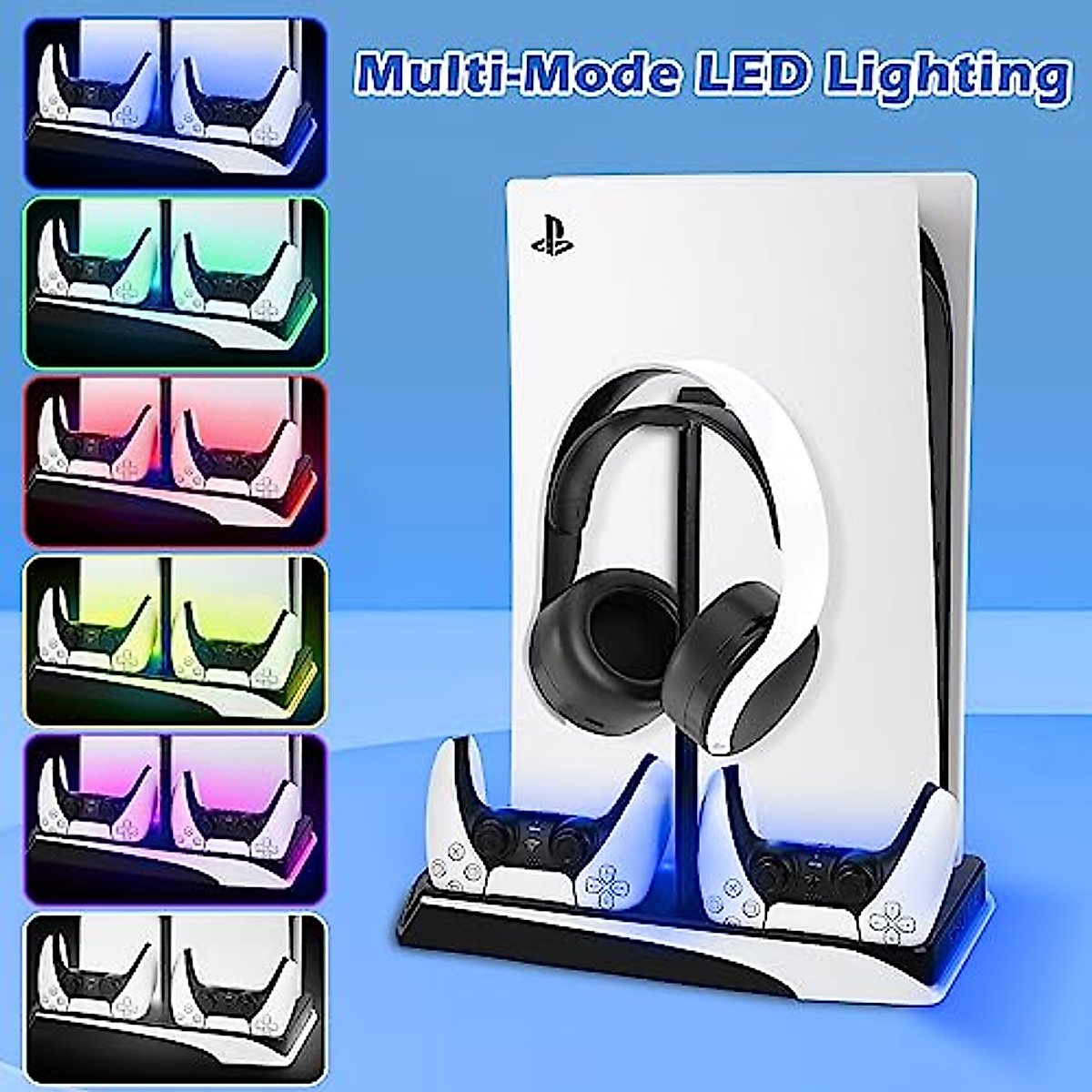 PS5 Cooling Station with RGB LED for Playstation 5 Console, Grathia Dual Fast PS5 Controller Charging Station with Cooling Fan, PS5 Controller Charging Doking Station with 12 Games & Headset Holder