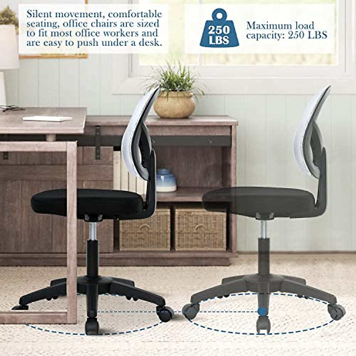 Home Office Chair Ergonomic Desk Chair, Mesh Computer Chair with Wheels, Armless Low-Back Task Chair,Executive Rolling Swivel Adjustable Desk Chair for Adults Women Girls(White)