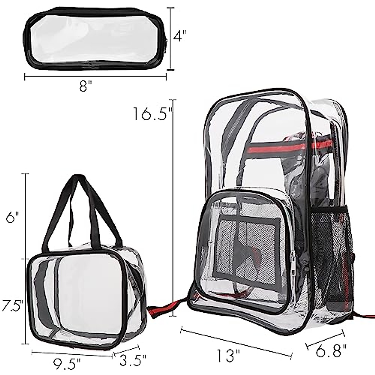 DZLUSJ 3Pcs Clear Backpack Set With Lunch Bag Pencil Case Pouch Heavy Duty Thick PVC Transparent Backpack for Kids and Fans Back to School Supplies(Black)