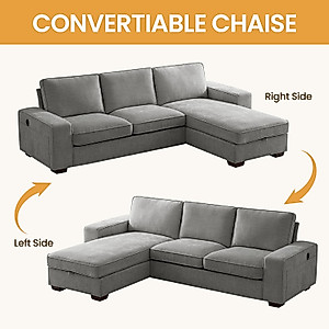 COHOME 100" L-Shaped Couch with Storage, Chenille Upholstered Deep Seat Couch for Living Room, Sofa with Reversible Chaise, Removable Covers, 4-Seater Apartment Sofa with Charge Ports,Grey