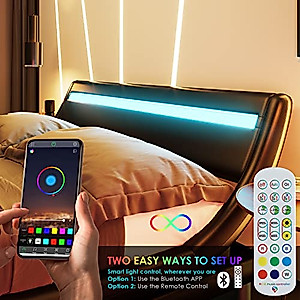 Keyluv Queen Upholstered Smart LED Bed Frame with Headboard, Durable Sleigh Low Profile Platform Bed, Color Changing with Music, App Control, Smart Bedroom Series, Black