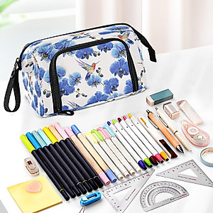 DEHOZO Portable Pencil Case Pen Bag with Zipper, Blue Flower Orchid Hummingbird Large Pencil Pouch Pen Case Stationery Bag for Office School Student, Multifunctional Pen Box for Girl Boy Men Women