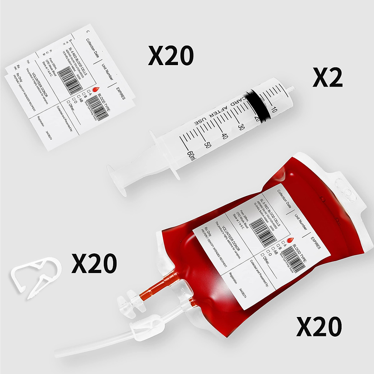 20 Packs Halloween Blood IV Bags for Drinks Reusable Container Drinks Pouches for Vampire Zombie Theme Party Decoration Supplies with Syringe and Clips, 10.15 fl.oz (20pcs Bag, 20 Label, 2 Syringes)