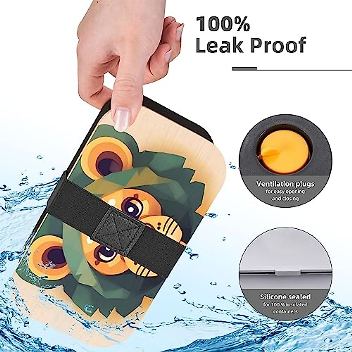 Cartoon Lion Adult Lunch Box, Bento Box, With Cutlery Set Of 3, 2 Compartments, Rectangular, Lunch Box For Adults