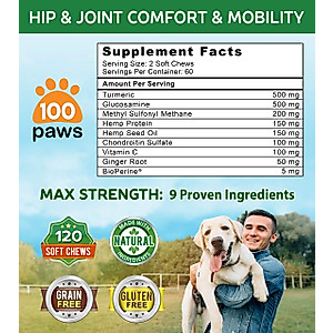 100 Paws Hip & Joint Supplement for Dogs - Hemp Oil Infused Soft Chews Dog Treats w/Glucosamine, Turmeric, Chondroitin, MSM & Omega 3 6 9 -Supports Pet Mobility & Pain Relief-120 Treat Bites