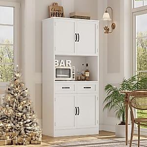 HOSTACK 71“ Tall Kitchen Pantry Storage Cabinet, Modern Kitchen Hutch Bar Cabinet with Microwave Stand, Wood Buffet Sideboard with Hutch, Cupboard with Drawers, Shelves for Dining Room, White
