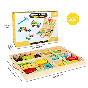 Rundad Wooden Kids Tool Set – 37 PCS Tool Kit Box with Stickers of My First Tools, Montessori Toys for 2 3 4 Year Old Boy Gift, Tool Construction Set for Toddler Ages 3-5