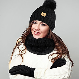 Winter Beanie Hat, Scarf and Touchscreen Gloves Set Black