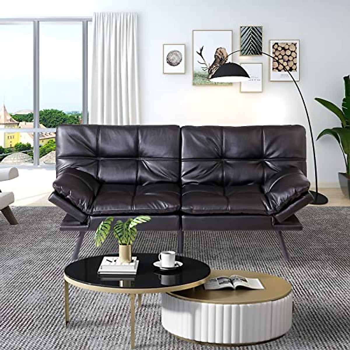 Maxspeed Sofa Bed, Modern Convertible Futon Sleeper Couch Daybed with Adjustable Armrests for Studio, Apartment,Office,Small Space, Compact Living Room,Black