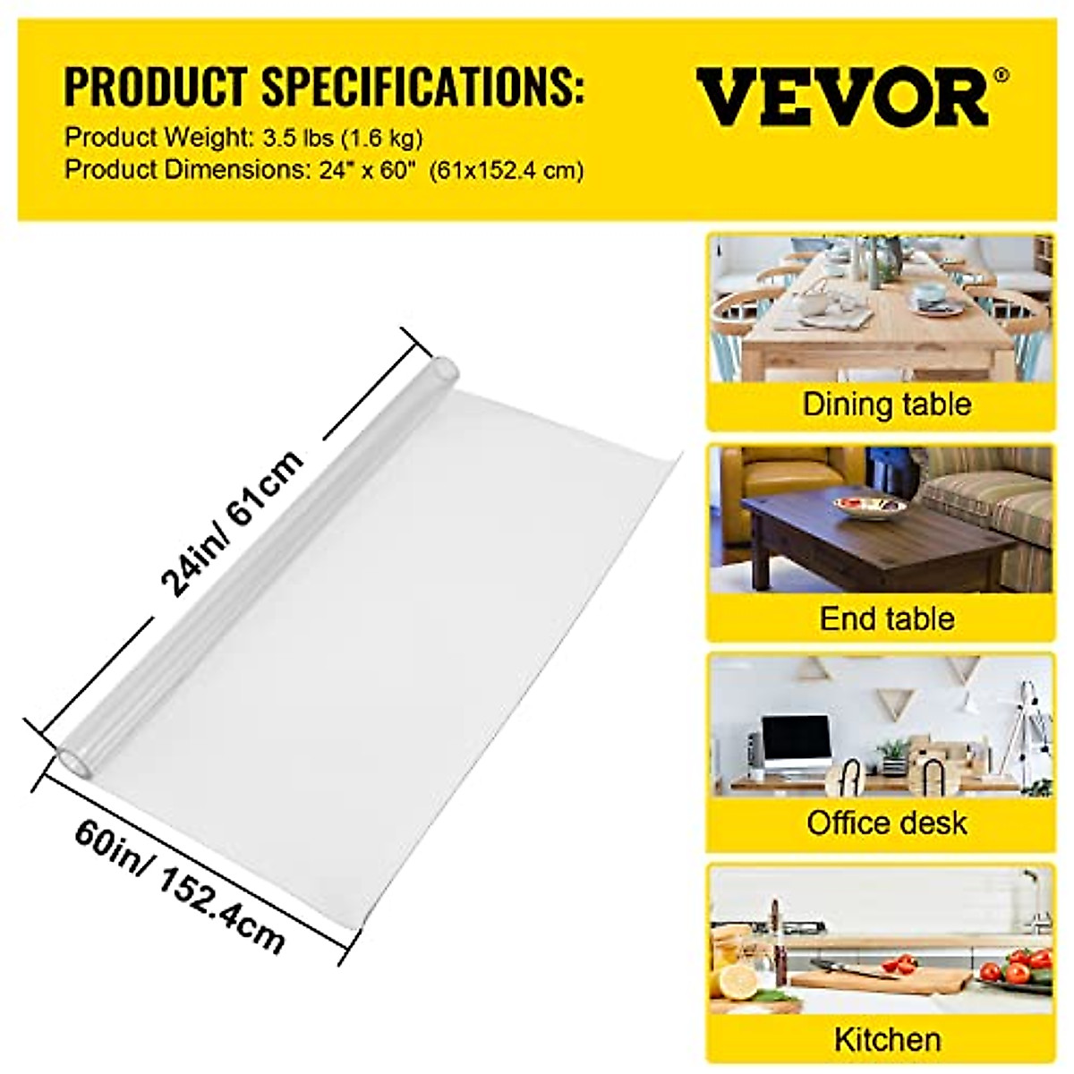 VEVOR Clear Desk Cover Protector, 24 x 60 inch, 1.5 mm Thick Plastic Clear Desk Pad Mat, Rectangle Waterproof Table Top Protector, Scratch Proof and Easy Cleaning for Office Dresser Night Stand