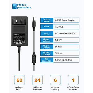 ALITOVE 12V 3A Power Supply Adapter 100~240V AC to DC 12 Volt 3 Amp 36W Converter 12 vdc 3000mA 2.2A 2.4A 2.5A 2.8A Available 5.5mm x 2.5mm 2.1mm for LED Strip Light CCTV Security Camera Router