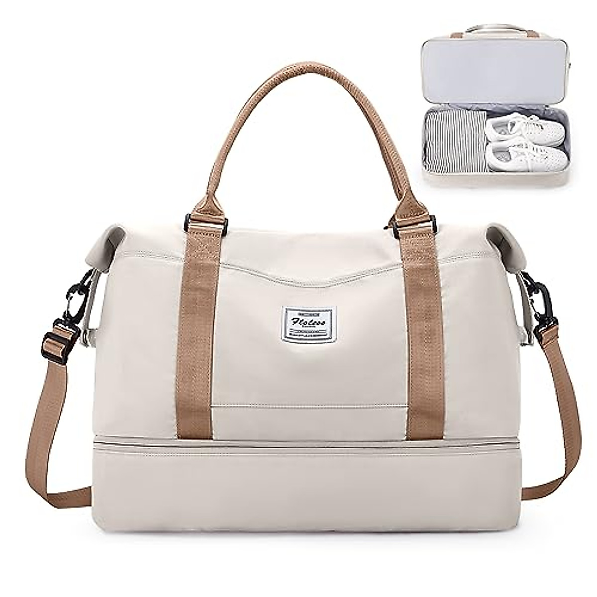 Weekender Bags for Women, Personal Item Travel Bag with Shoes Compartment, Overnight Travel Duffel Bag with Wet Pocket & Trolley Sleeve,Gym Bag,Beige & Brown