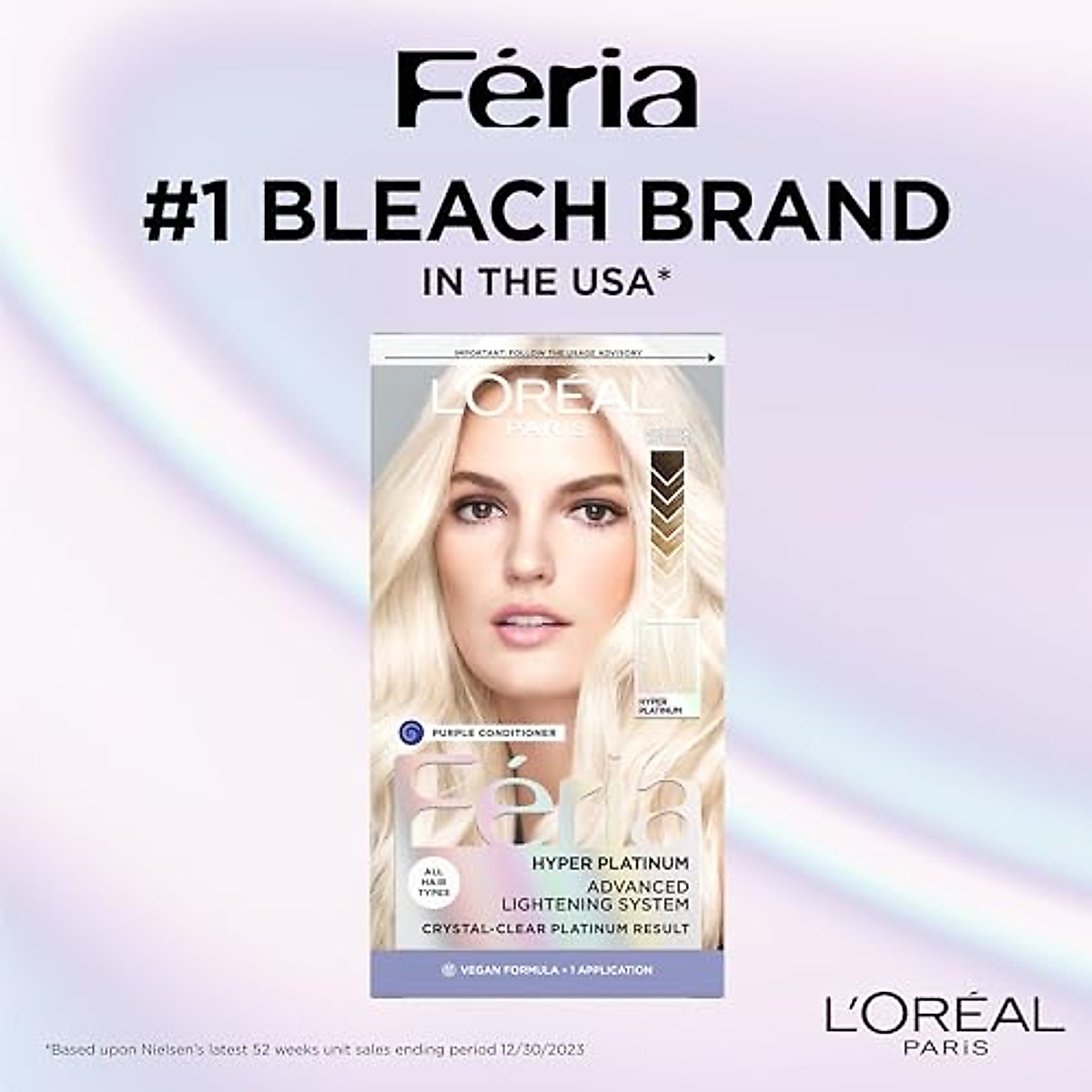 L’Oréal Paris Feria Hyper Platinum Advanced Lightening System Hair Bleach, Lifts Up To 8 Levels, Includes Anti Brass Purple Conditioner, 1 Hair Dye Kit