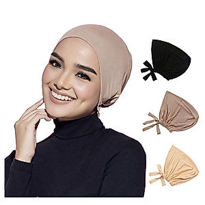 QYMY 3PCS Under Hijab Head Cap Muslim Under Scarf Hijab Cap Solid Color Women Under Scarf Hat Hijab Cap Stretchy Sleeping Cap (Black, Khaki, Beige(3PCS), Free Size)