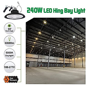 1 pack LED UFO High Bay Light 240W 33600LM white daylight 5700K Industrial Light Waterproof IP65 Outdoor Lighting Lamp Commercial Bay Lighting for Garage Factory Warehouse Workshop Gym (240W, 1 pack)