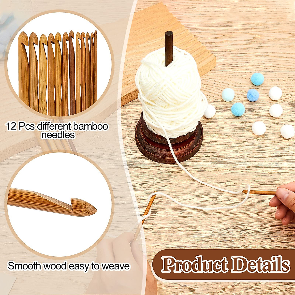 Juexica 2 Pcs Wood Yarn Holder with 12 Bamboo Crochet Hooks Wooden Yarn Holder with Twirling Mechanism Wooden Spinning Yarn Crochet Needles for Knitting Crocheting DIY Crafts Gifts(Red Brown)