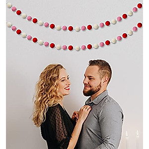 CAVLA 3 Pieces Valentine's Day Felt Ball Garlands Valentines Day Red Pink White Pom Pom Garlands 1 Inch Valentines Pompom Ball Banner for Mother's Day Wedding Engagement Hanging Decorations