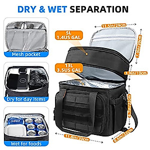 WU Insulated Large Lunch Bag 15L 18L Adjustable Dry Wet Separation Lunch Box Heavy Duty Waterproof Leakproof Soft Cooler Food Bag Kit, Black