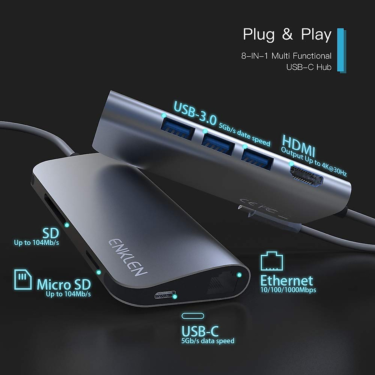 USB C Hub 8-in-1 Type C Adapter with Ethernet Port, 4K USB C to HDMI, 2 USB 3.0 and 1 USB 2.0, 100W USB C Power Delivery Charging, SD/TF Card for MacBook Pro/Air(Thunderbolt 3)