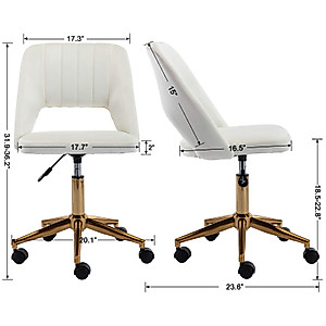 DM Furniture Velvet Office Desk Chair with Wheels, Mid Back Modern Home Office Chair Small and Cute for Bedroom, White with Gold Base