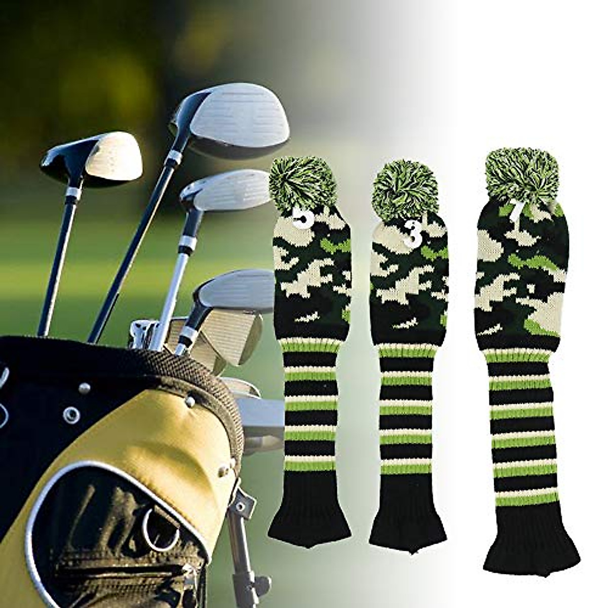 HISTAR Golf Club Pom Pom Knit Hybrid American Flag Head Cover 3 pcs/Set Knitting Golf Clubs Headcover Driver Cover Fairway Wood Head Covers for Taylormade,Callaway and More Brand (Army Green)