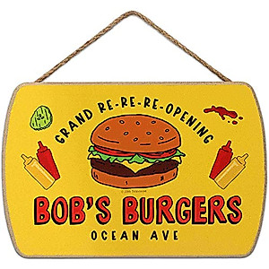 Open Road Brands Bob's Burgers Grand Re-Re-Reopening Hanging Wood Wall Decor - Funny Bob's Burgers Sign for Bedroom or Movie Room