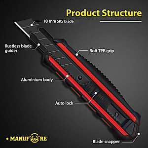 MANUFORE 18mm Utility Knife Heavy Duty Aluminum Alloy Snap-off knife with 10pcs Spare SK5 Steel Ultra Sharp Black Blade for Cutting Paper, Carpet, Cardboard Blue